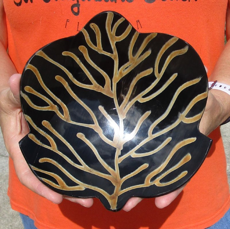 Decorative Hand Carved and Hand Painted Ox Horn, Cow Horn Leaf Shaped tray